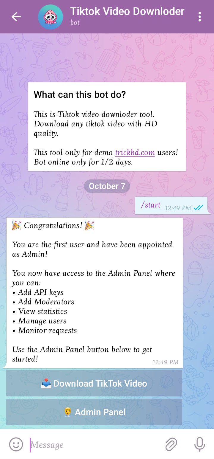 Tiktok Video Downloader টেলিগ্রাম বট তৈরি করুন! [Advance Admin Panel + zylalabs api] 🔥 - Trickbd.com