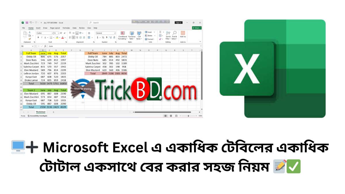 🖥️ Microsoft Excel এ একাধিক টেবিলের একাধিক টোটাল একসাথে বের করার সহজ নিয়ম 📝 - Trickbd.com
